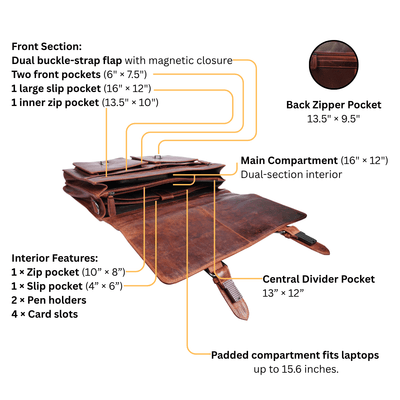 Cambridge Briefcase | Chestnut Leather Laptop Bag by Minori Leather